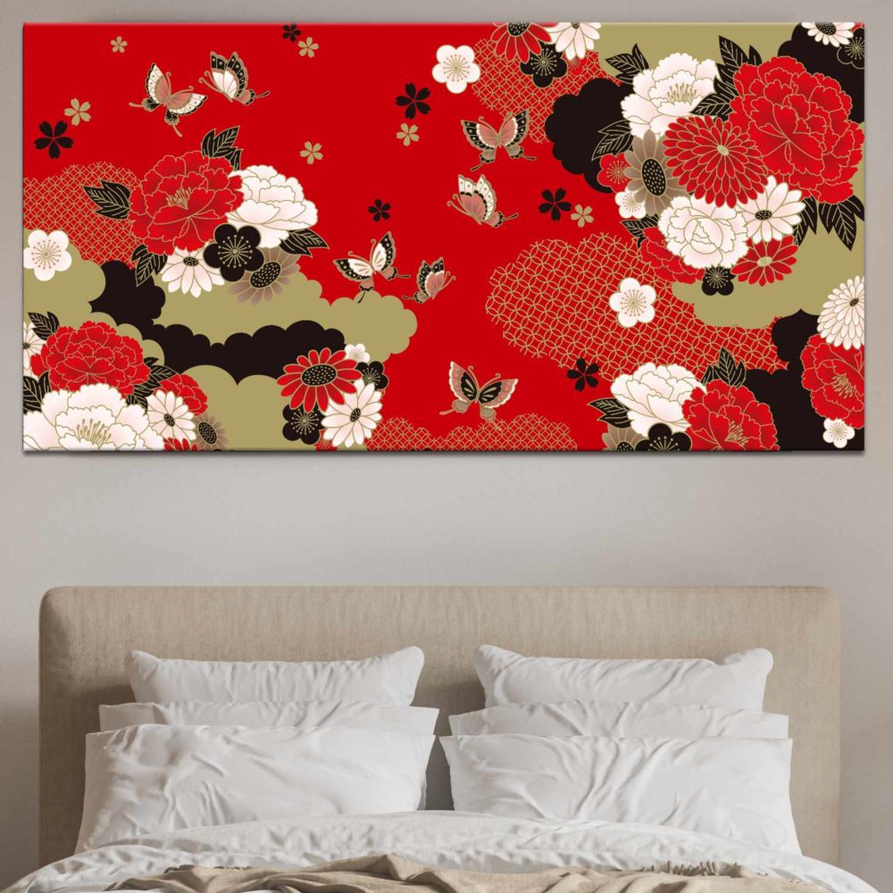 Schilderij met een vlinder en traditionele Japanse bloemen - Canvas ...